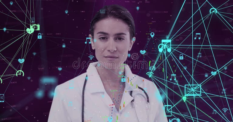 Doctor in Lab Coat Surrounded by Digital Interface Graphics, Exploring Technology Stock Photo ...