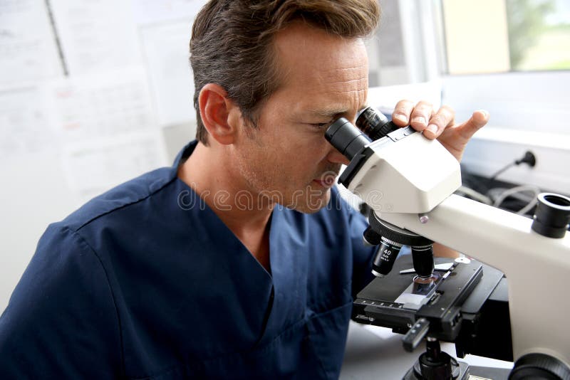 Doctor in Laboratory Checking Samples through Microscope Stock Image ...