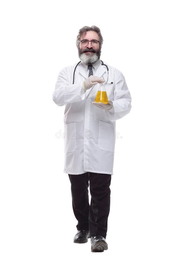 Doctor with a Laboratory Flask Striding Forward . Isolated on a White ...