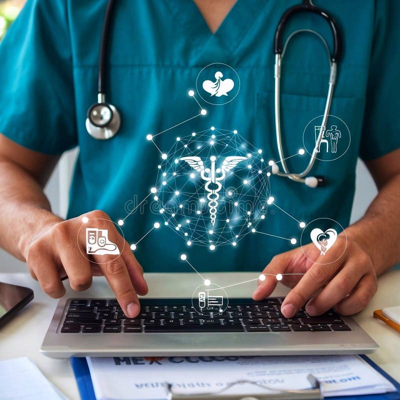 Doctor with Laptop Computer Working with Health Care Icon Stock ...