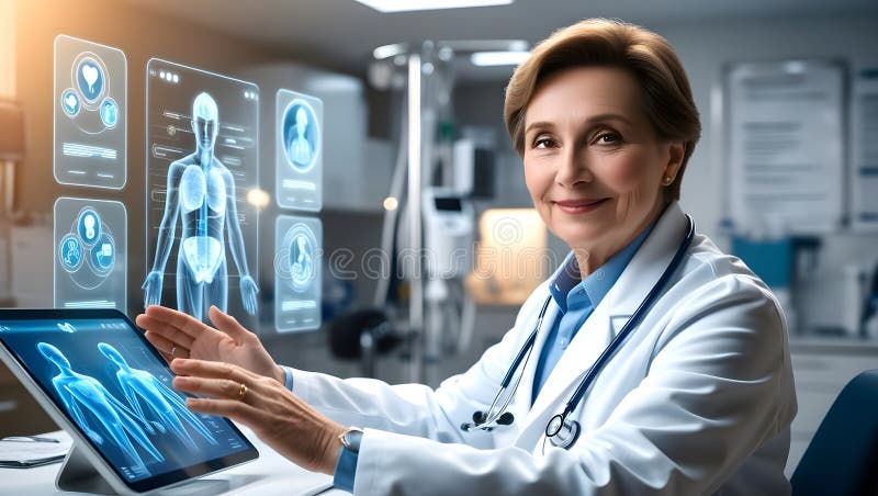 The Doctor Looks at the Interactive Icons in the Clinic, Symbolizing ...