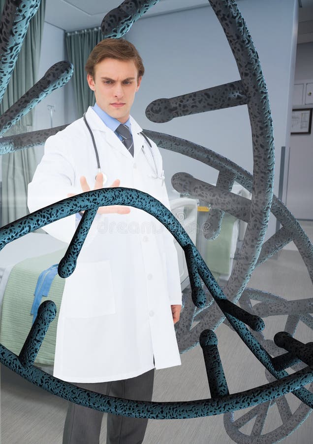 Doctor Man Interacting with 3D DNA Strands Stock Image - Image of ...