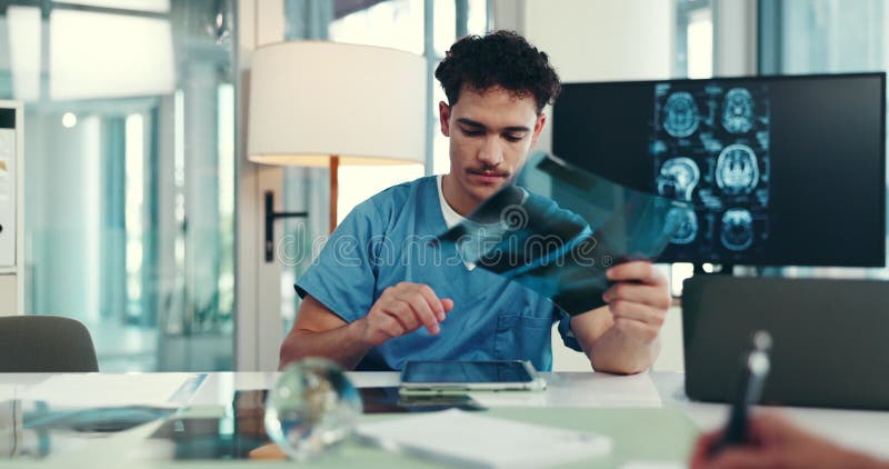 Doctor, Man and Meeting with X Ray for Brain Scan, Tablet or Notes for ...