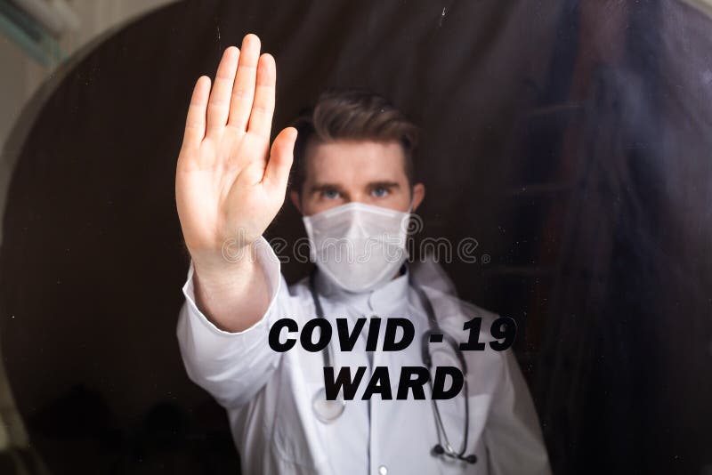 Doctor Man Using Mask with Open Hand Doing Stop Sign with Serious and ...