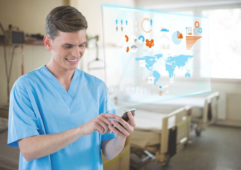 Doctor on Mobile Phone with Interface in Hospital Room Stock Image ...