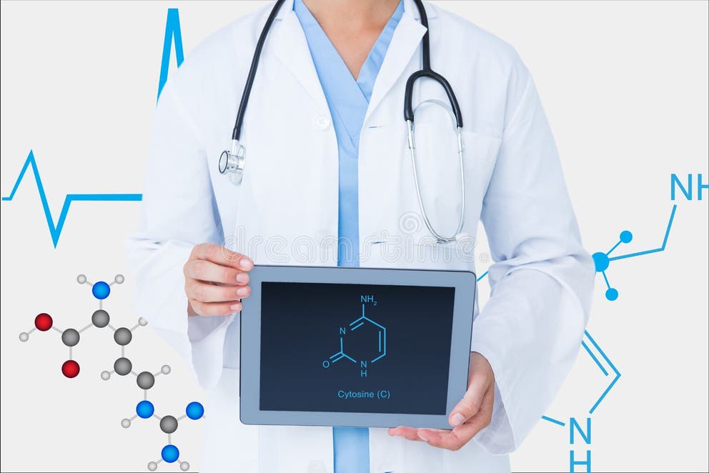 Doctor Model Showing ADN on the Screen of Its Tablet Computer Against ...