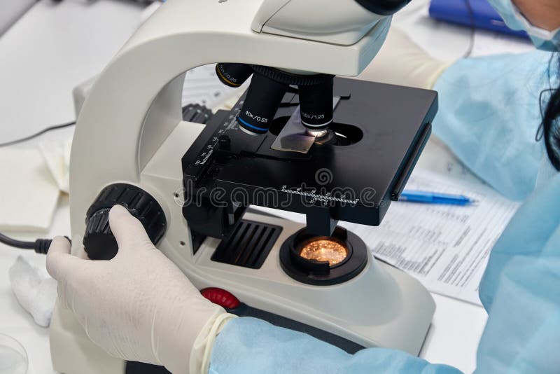Doctor Performing a Blood Test on a Microscope Stock Image - Image of ...