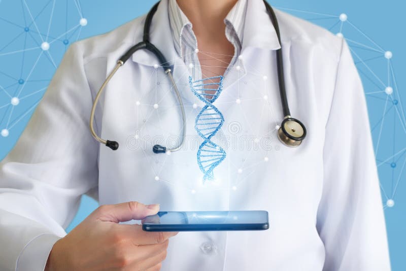 Doctor on the Phone Shows the DNA Molecule . Stock Image - Image of ...