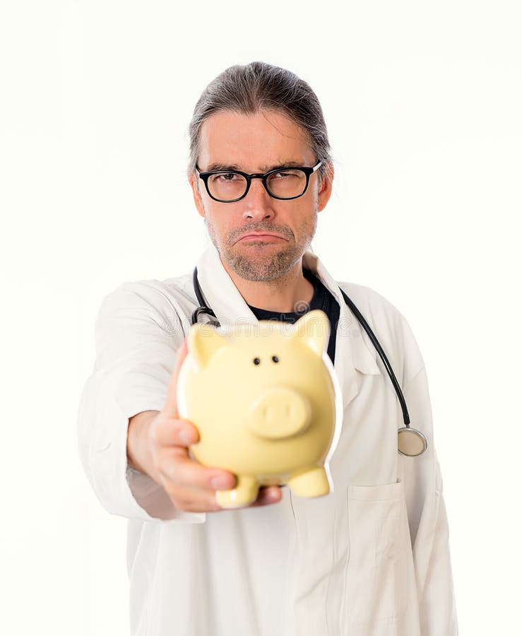 Doctor with Piggy Bank in White Lab Coat Stock Photo - Image of ...