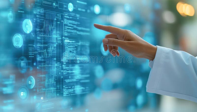 Doctor Pointing at Digital Screen with Medical Data in Futuristic ...