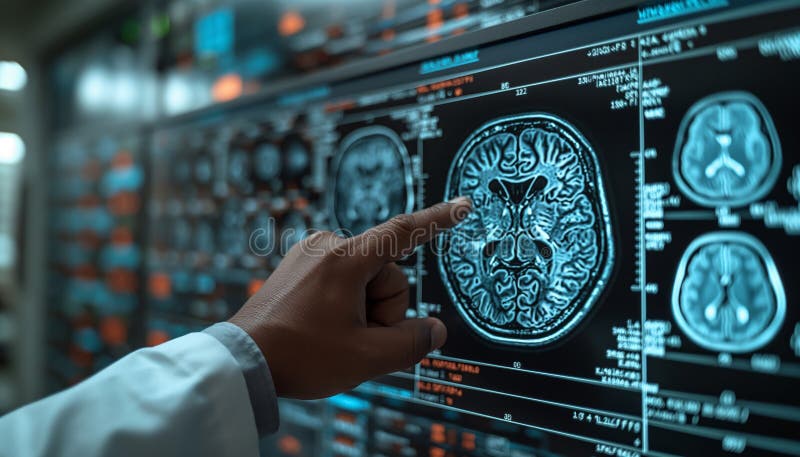 Doctor Points at Brain Scan Image on Monitor Screen. Stock Photo ...
