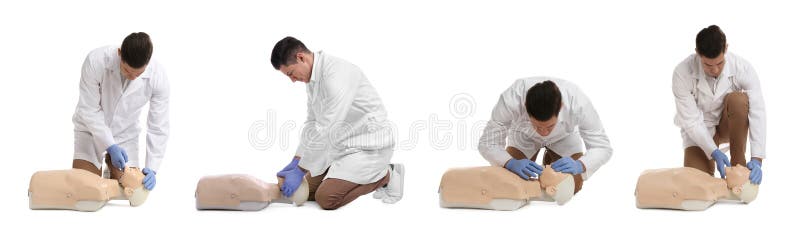 Doctor Practicing First Aid on Mannequin Against White Background ...