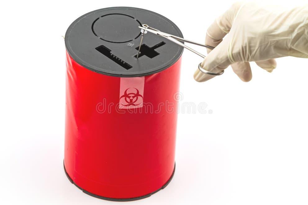 Doctor Put Needle in Red Disposal Boxes on White Background Stock Photo ...
