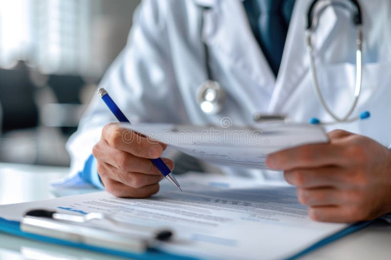 Doctor Reviewing Medical Documents in Office Environment with Pen in ...
