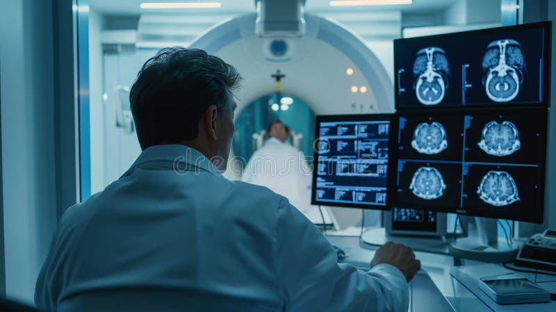A Doctor S Back View As they Analyze Brain Scans on Multiple Monitors ...