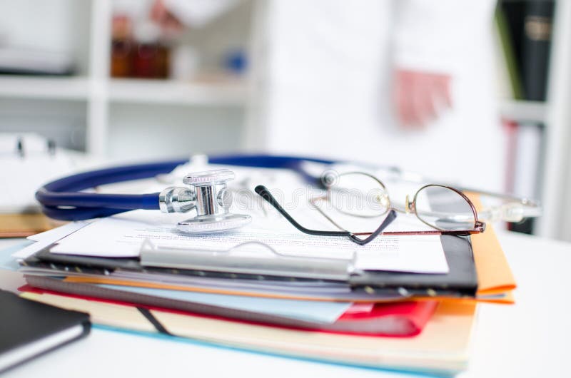 Doctor Office Table Desk with Stethoscope and Otoscope Stock Image ...