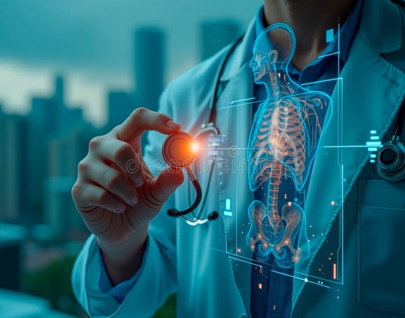 Doctor S Hand Using a Digital Stethoscope on a Virtual Patient Model ...