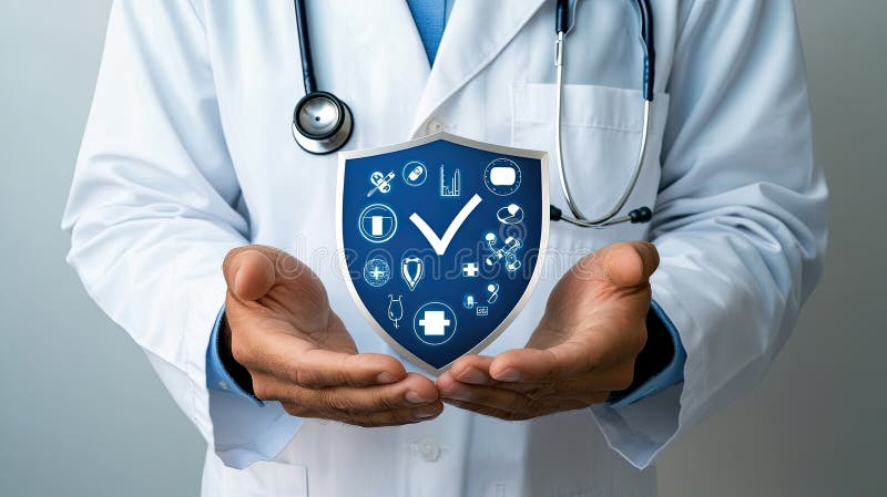 Doctor S Hands Hold a Virtual Shield Featuring a Checkmark and Medical ...
