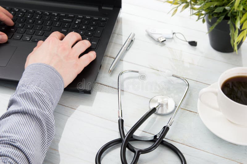 Doctor`s Hands on Laptop and a Stethoscope Stock Photo - Image of test ...