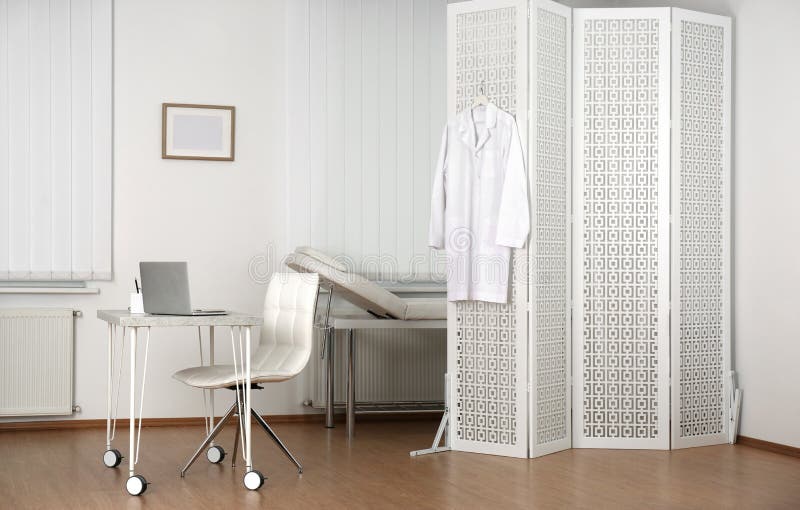 Doctor`s Office Interior with Desk, Examination Couch and Folding ...