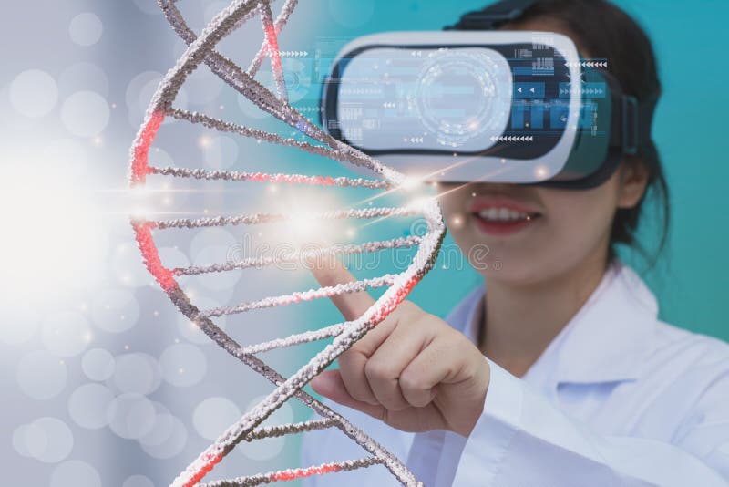 Doctor or Scientist Use VR Glasses of Virtual Reality. Analysis DNA ...