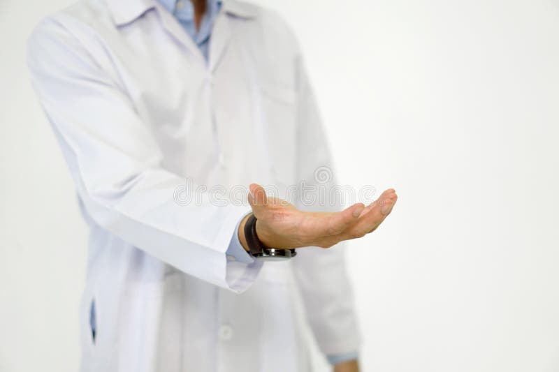 Doctor or Scientist in a White Lab Coat Standing with His Hand Open and ...