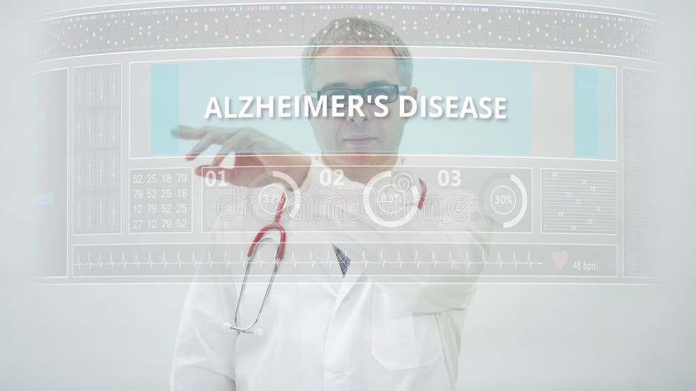 ALZHEIMER`S DISEASE Tab is Scrolled by a Doctor on a Modern Display ...