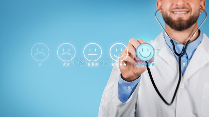 Doctor Selecting Positive Feedback with Stethoscope Smiley Stock Image ...
