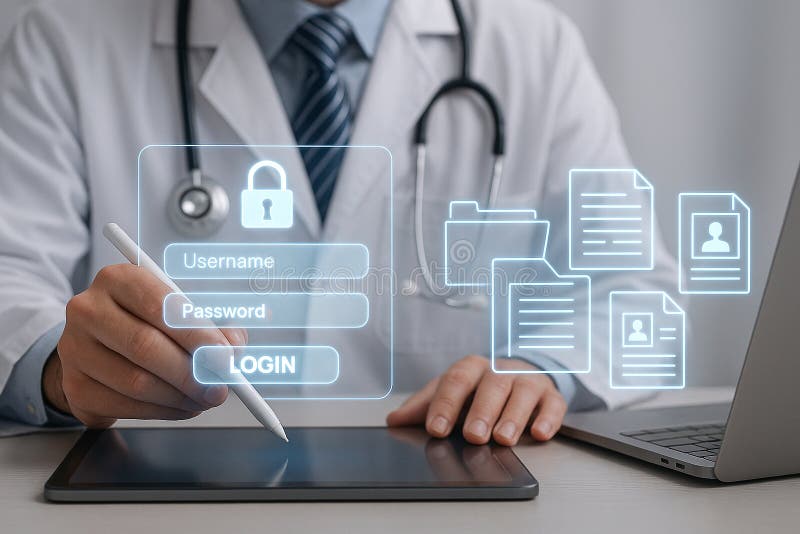 Doctor Accessing Patient Records Securely on a Tablet with Digital Login and Data Management ...