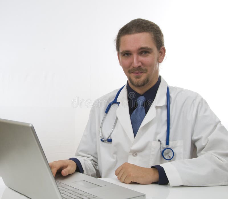 Doctor Sitting in Office at Desk Stock Photo - Image of sitting, male ...