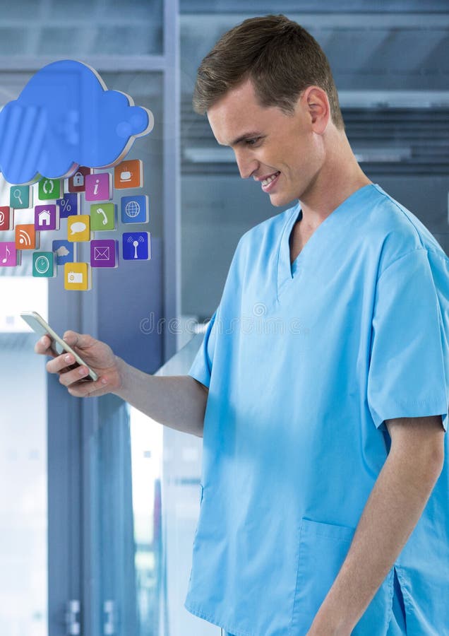 Doctor Smiling at Mobile Phone with Apps in Modern Room Stock Image ...