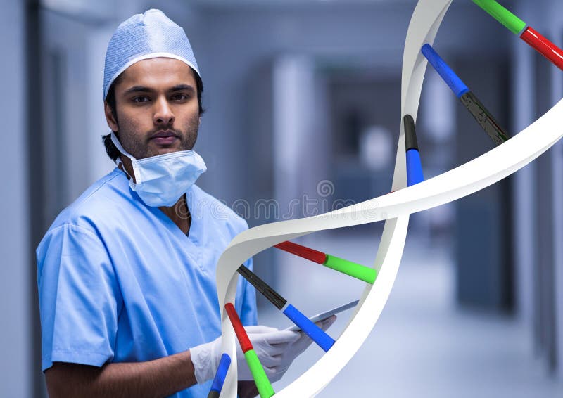 Doctor Standing with 3D DNA Strand Stock Image - Image of mask ...
