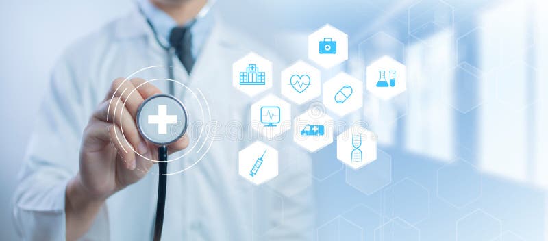 Doctor with Stethoscope Touching on Medical Icons. Medical Technology ... Doctor with Stethoscope Touching on Medical Icons. Medical Technology ...
