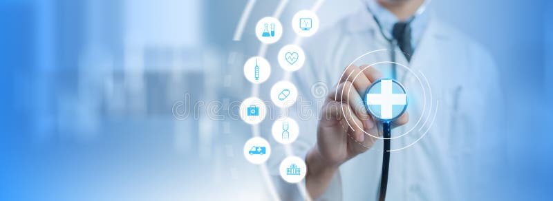 Doctor with Stethoscope Touching on Medical Icons. Medical Technology ... Doctor with Stethoscope Touching on Medical Icons. Medical Technology ...