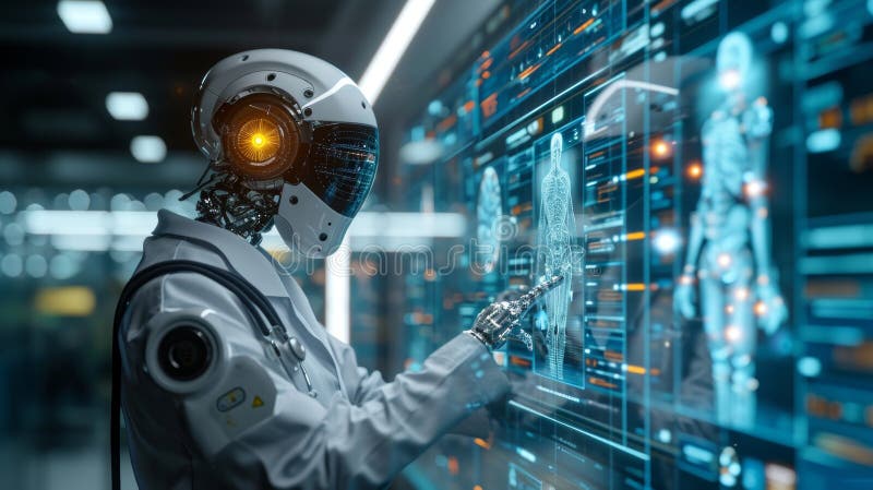 Humanoid Robot Working in Virtual Space with Hologram Screen Stock ...