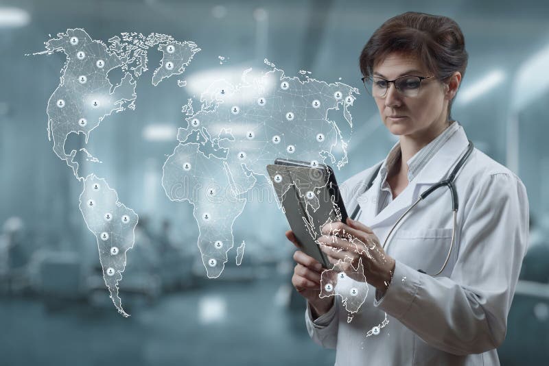 Doctor Studying World Map Using Tablet Stock Photo - Image of ...
