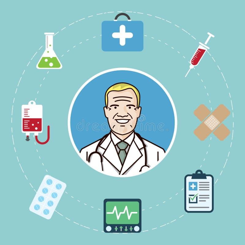 Doctor Surrounded by Medical Items. Vector Illustration Decorative ...