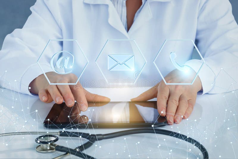 Doctor Touching CONTACT US Sign on Virtual Screen Stock Image - Image ...