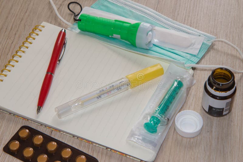 Doctor Table with Medical Items and Pills Stock Photo - Image of pastil ...