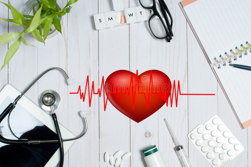 Doctor Table with Medical Items, Stethoscope and Pills Stock Image ...