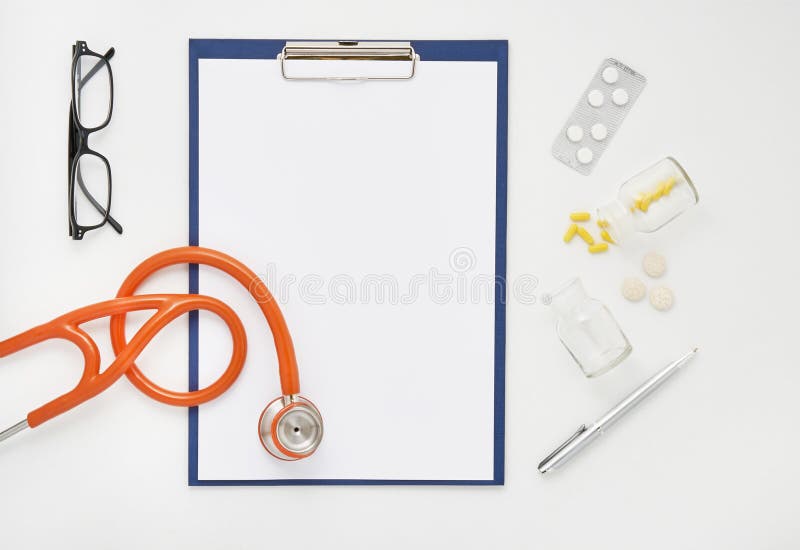 Doctor Table with Medicines, Stethoscope and Glasses, Top View Stock ...