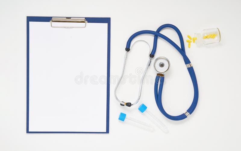 Doctor Table with Medicines, Stethoscope and Clipboard, Top View Stock ...