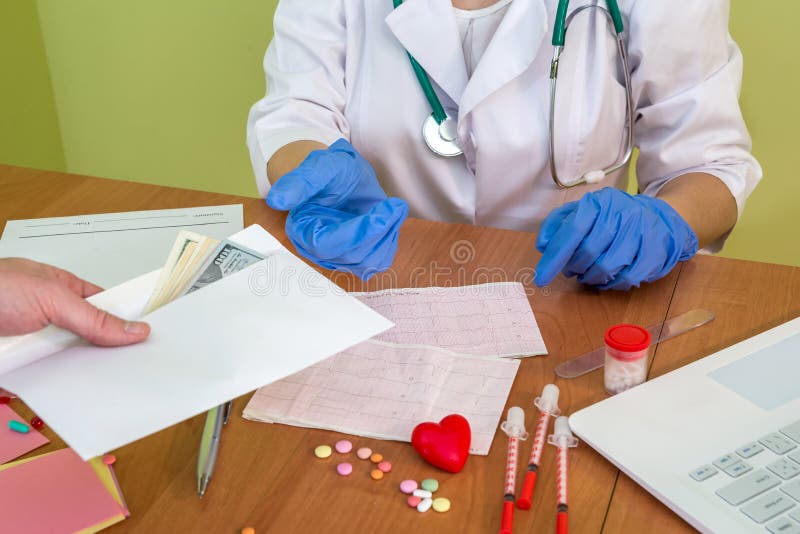 Doctor Taking Envelope from Patient with Dollars Stock Image - Image of ...