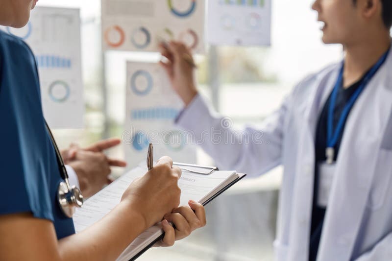 Doctor Team Discussing Patient Data and Statistics in Medical Setting ...