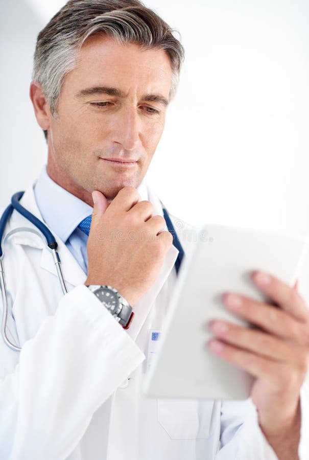 Doctor, Thinking and Man Reading on Tablet for Healthcare Solution ...