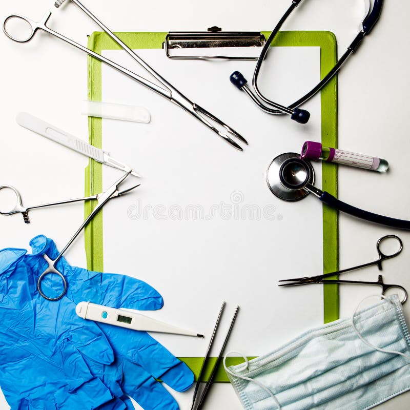 Doctor Tools on Blue Surface. Stock Image - Image of diagnosis, desk ...