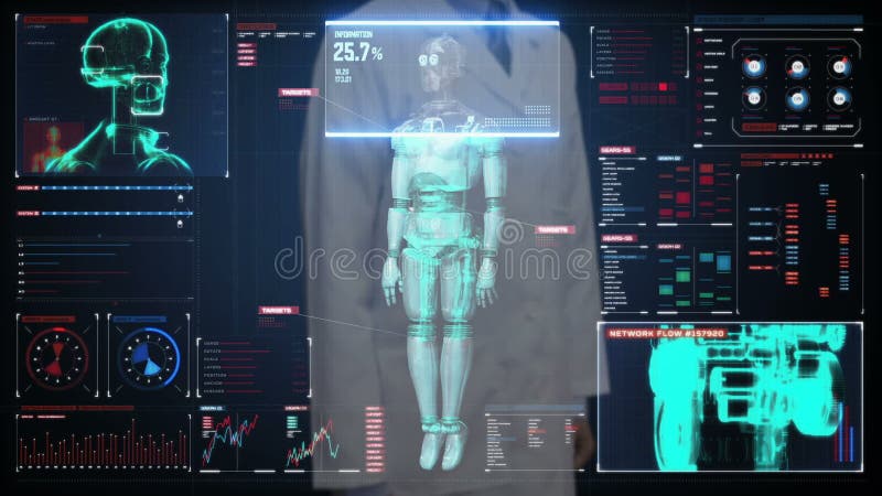 Doctor Touching Digital Screen, Scanning Robot Cyborg Body in Digital ...