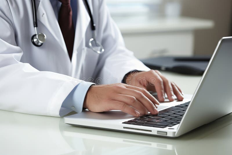 Doctor Typing on Her Laptop Computer in Medical Office. Close-up of a ...
