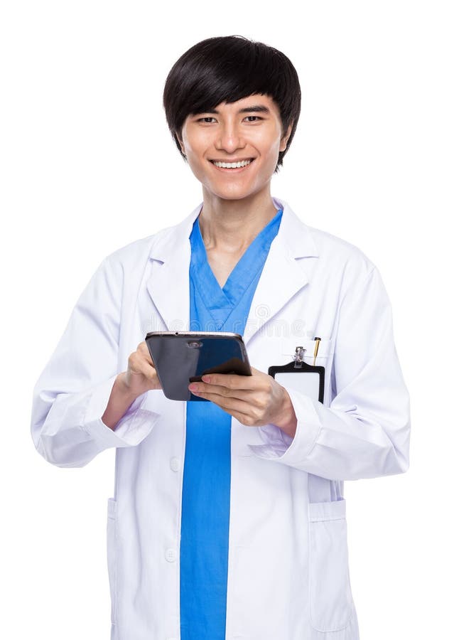 Doctor use tablet stock image. Image of handsome, studio - 44093017