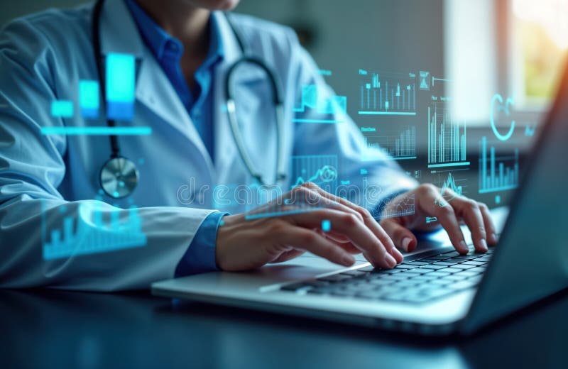 Doctor Uses Laptop To Access Cloud-based Medical Data. Data ...